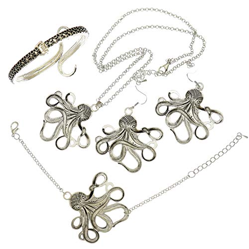 RechicGu Vintage Silver Octopus Jewelry Set Sea Creature Kraken Tentacle Necklace Earrings Bangle Anklet Bracelet Nature Pack Fisherman Fish Gift