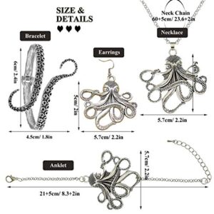 RechicGu Vintage Silver Octopus Jewelry Set Sea Creature Kraken Tentacle Necklace Earrings Bangle Anklet Bracelet Nature Pack Fisherman Fish Gift