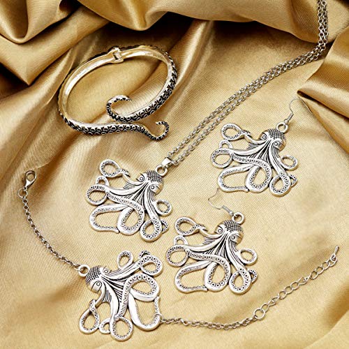 RechicGu Vintage Silver Octopus Jewelry Set Sea Creature Kraken Tentacle Necklace Earrings Bangle Anklet Bracelet Nature Pack Fisherman Fish Gift