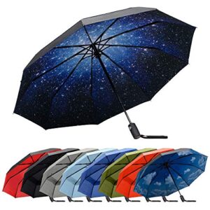 rainplus black/galaxy windproof travel umbrella - compact, automatic, folding and portable - umbrellas for rain for men and women - car, backpack, purse, strong & wind resistant