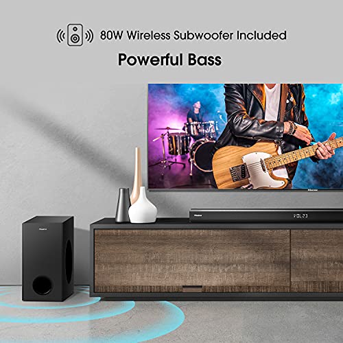 Hisense HS218 2.1ch Sound Bar with Wireless Subwoofer, 200W, Powered by Dolby Audio, Roku TV ready, Bluetooth, HDMI ARC/Optical/AUX/USB, 3 EQ Modes