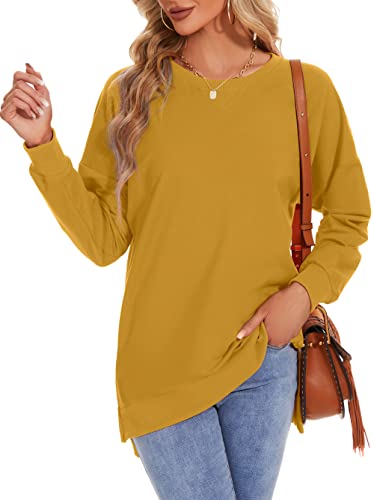 Custer's Night Women's Long Sleeve Sweatshirts Side Split Loose Casual Pullover Tunic Tops (Yellow, L)