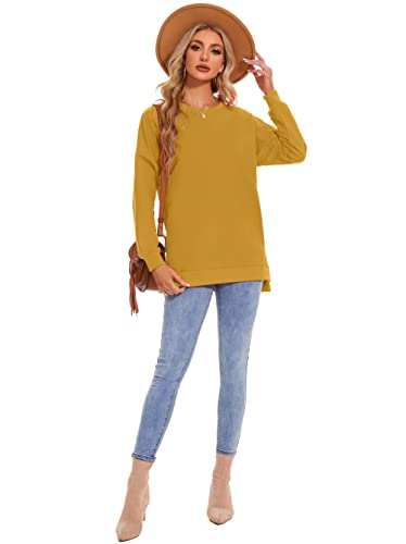 Custer's Night Women's Long Sleeve Sweatshirts Side Split Loose Casual Pullover Tunic Tops (Yellow, L)