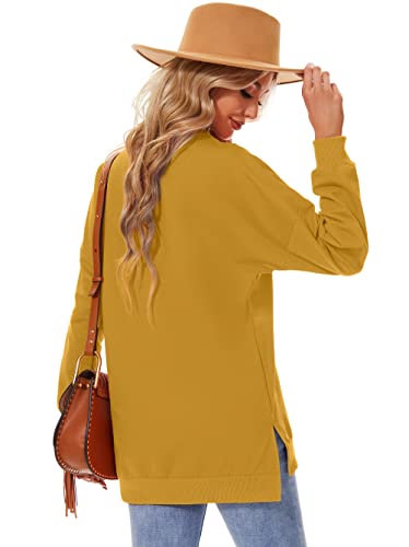 Custer's Night Women's Long Sleeve Sweatshirts Side Split Loose Casual Pullover Tunic Tops (Yellow, L)