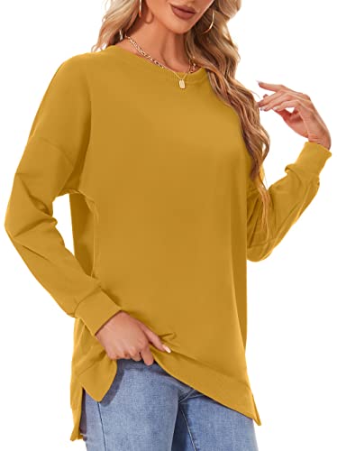 Custer's Night Women's Long Sleeve Sweatshirts Side Split Loose Casual Pullover Tunic Tops (Yellow, L)