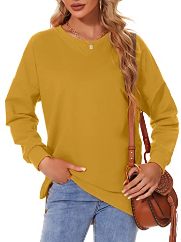 Custer's Night Women's Long Sleeve Sweatshirts Side Split Loose Casual Pullover Tunic Tops (Yellow, L)