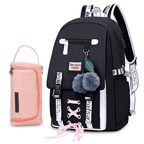 Bevalsa School Backpack for Girls, Girls Backpack with Pen Bag, Bookbag for Girls Kids Elementary Middle High School Student 20L Casual Daypack Children Schoolbag with USB Charging Port (Black)