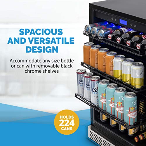 NewAir Large Beverage Refrigerator Cooler with 224 Can Capacity - Mini Bar Beer Fridge with LED Lights - Adjustable/Removable Shelves And Bottom Key Lock - Cools to 37F - Stainless Steel