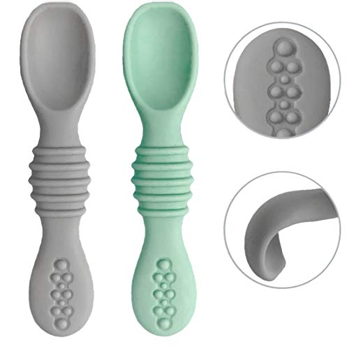 Otterlove Silicone Baby Spoons – 100% Platinum Pure LFGB Silicone Soft-Tip – Self Feeding Training Spoon for Baby Led Weaning (Sage & Sand)