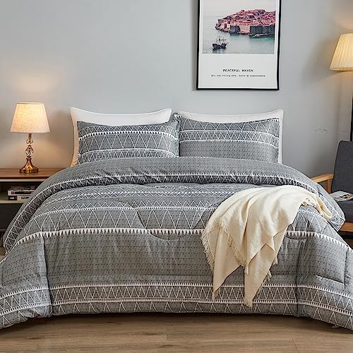 Andency King Size Comforter Set Grey, 3 Pieces Bedding Comforter Sets (1 Geometric Striped Comforter & 2 Pillowcases), Gray Bohemian Summer Lightweight Microfiber Down Alternative Bed Set