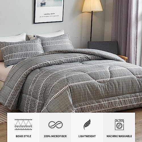 Andency King Size Comforter Set Grey, 3 Pieces Bedding Comforter Sets (1 Geometric Striped Comforter & 2 Pillowcases), Gray Bohemian Summer Lightweight Microfiber Down Alternative Bed Set