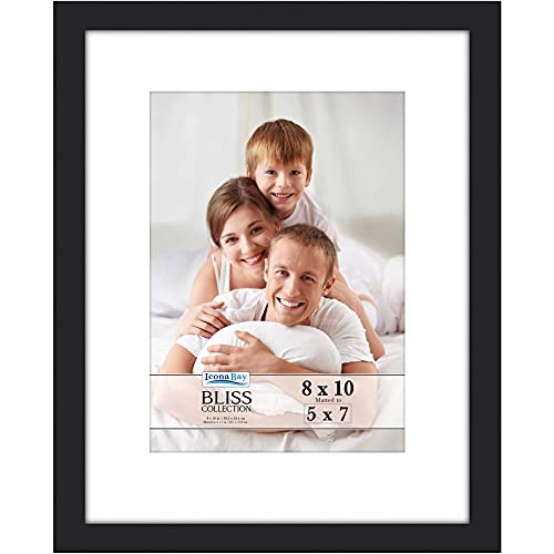 Icona Bay 8x10 Black Picture Frame with Removable Mat for 5x7 Photo, Modern Style Wood Composite Frame, Table Top or Wall Mount, Bliss Collection