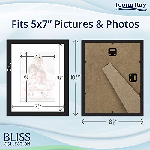 Icona Bay 8x10 Black Picture Frame with Removable Mat for 5x7 Photo, Modern Style Wood Composite Frame, Table Top or Wall Mount, Bliss Collection