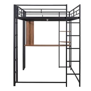 Harper & Bright Designs Full Size Metal Loft Bed with Desk and Shelves, for Kids Teens Adults (Black)