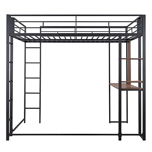 Harper & Bright Designs Full Size Metal Loft Bed with Desk and Shelves, for Kids Teens Adults (Black)