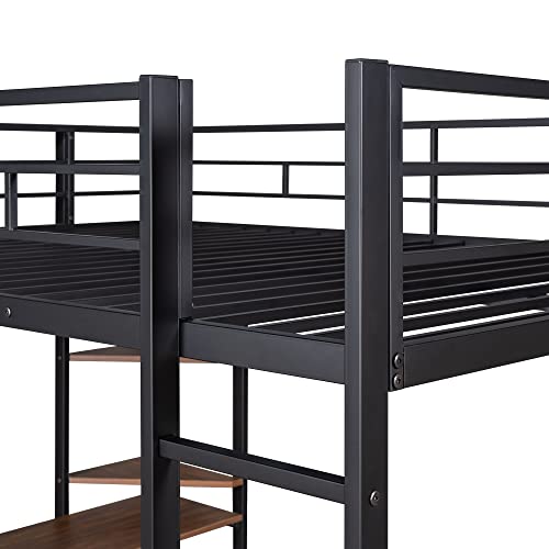 Harper & Bright Designs Full Size Metal Loft Bed with Desk and Shelves, for Kids Teens Adults (Black)