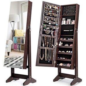 charmaid jewelry armoire cabinet with 47.2'' full length mirror, standing lockable wooden jewelry organizer storage box with large capacity, 4 angles adjustable (brown)