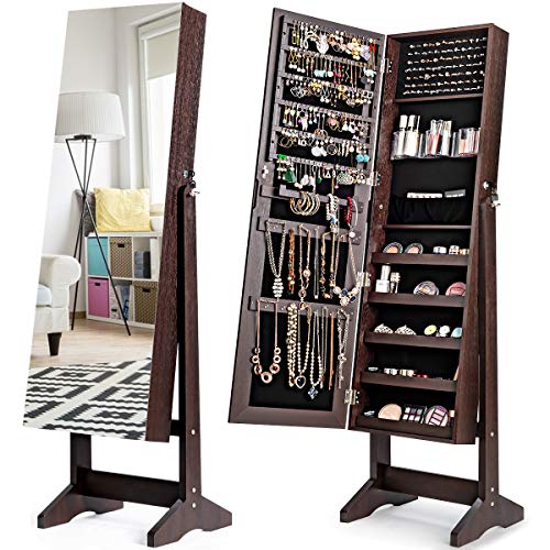 CHARMAID Jewelry Armoire Cabinet with 47.2'' Full Length Mirror, Standing Lockable Wooden Jewelry Organizer Storage Box with Large Capacity, 4 Angles Adjustable (Brown)