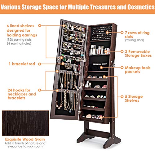 CHARMAID Jewelry Armoire Cabinet with 47.2'' Full Length Mirror, Standing Lockable Wooden Jewelry Organizer Storage Box with Large Capacity, 4 Angles Adjustable (Brown)