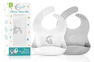 silicone baby bibs (2 pack), soft comfortable adjustable waterproof bib, unisex easily clean bibs with food catcher for babies and toddlers. modern gender neutral colors: grey & white.