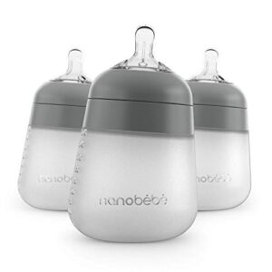 nanobébé flexy silicone baby bottle, anti-colic, natural feel, non-collapsing nipple, non-tip stable base, easy to clean, 3-pack, gray, 9oz