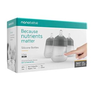 Nanobébé Flexy Silicone Baby Bottle, Anti-Colic, Natural Feel, Non-Collapsing Nipple, Non-Tip Stable Base, Easy to Clean, 3-Pack, Gray, 9oz