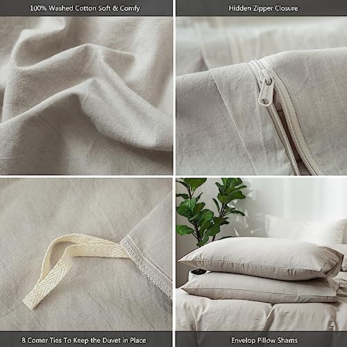 MooMee Bedding Duvet Cover Set 100% Washed Cotton Linen Like Textured Breathable Durable Soft Comfy (Cream Grey, Queen)