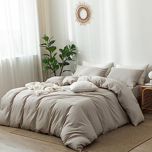 MooMee Bedding Duvet Cover Set 100% Washed Cotton Linen Like Textured Breathable Durable Soft Comfy (Cream Grey, Queen)