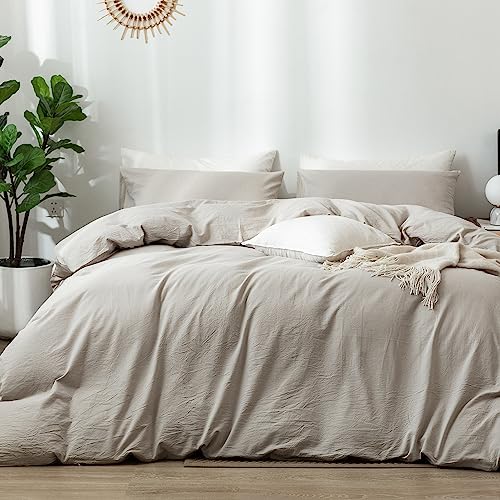 MooMee Bedding Duvet Cover Set 100% Washed Cotton Linen Like Textured Breathable Durable Soft Comfy (Cream Grey, Queen)