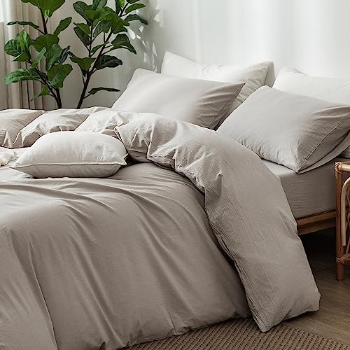 MooMee Bedding Duvet Cover Set 100% Washed Cotton Linen Like Textured Breathable Durable Soft Comfy (Cream Grey, Queen)