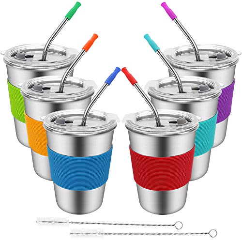 Stainless Steel Kids Cups, 6 Pack 12oz Spill Proof Kids Tumbler with Lid and Straw, Unbreakable Baby Water Drinking Glasses, Reusable BPA-Free Metal Smoothie Sippy Mug for Toddler Child Adult Outdoor