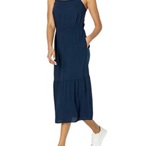 Amazon Essentials Women's Fluid Twill Tiered Fit and Flare Dress, Navy, Large