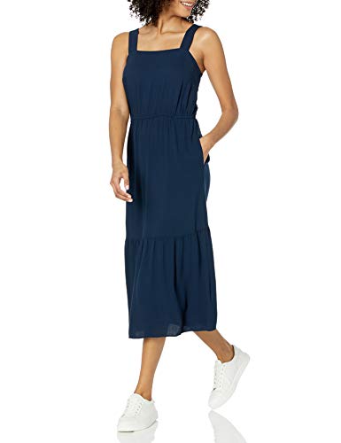 Amazon Essentials Women's Fluid Twill Tiered Fit and Flare Dress, Navy, Large