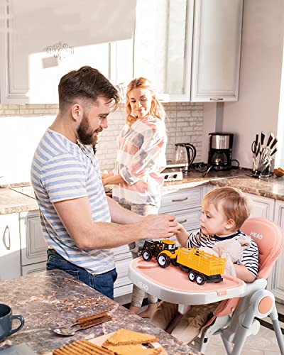 HEAO Adjustable 7 Height 5 Reclining Angle Foldable Baby High Chair with 360 Degree Rotating Wheels, 3 Footrest Positions, and Removable Tray, Pink