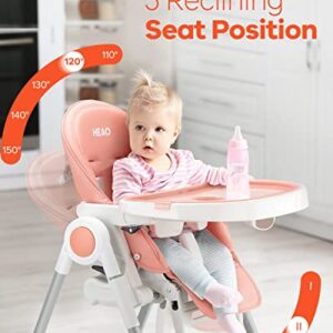 HEAO Adjustable 7 Height 5 Reclining Angle Foldable Baby High Chair with 360 Degree Rotating Wheels, 3 Footrest Positions, and Removable Tray, Pink