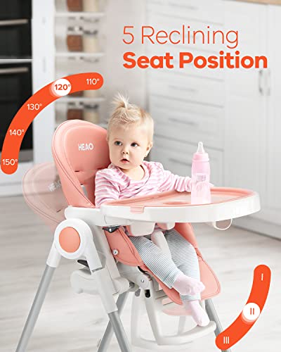 HEAO Adjustable 7 Height 5 Reclining Angle Foldable Baby High Chair with 360 Degree Rotating Wheels, 3 Footrest Positions, and Removable Tray, Pink