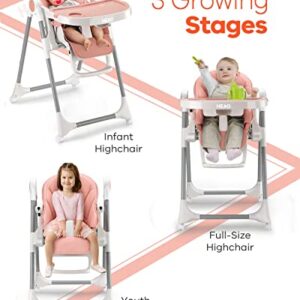 HEAO Adjustable 7 Height 5 Reclining Angle Foldable Baby High Chair with 360 Degree Rotating Wheels, 3 Footrest Positions, and Removable Tray, Pink