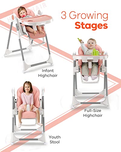 HEAO Adjustable 7 Height 5 Reclining Angle Foldable Baby High Chair with 360 Degree Rotating Wheels, 3 Footrest Positions, and Removable Tray, Pink