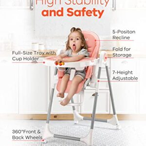 HEAO Adjustable 7 Height 5 Reclining Angle Foldable Baby High Chair with 360 Degree Rotating Wheels, 3 Footrest Positions, and Removable Tray, Pink