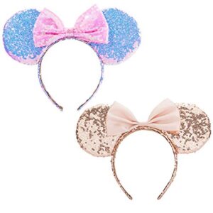 sparkled halloween minnie ears headband, razko girls sequin halloween mickey ears headband mouse ears headband for cosplay costume glitter party hot princess decoration and birthday party(purple&gold)