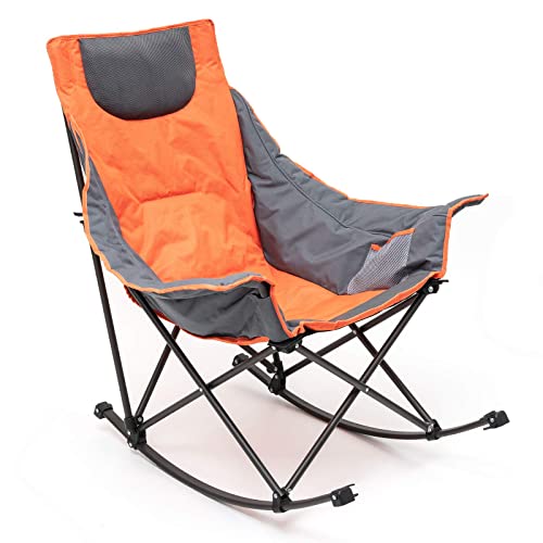 SUNNYFEEL Rocking Camping Chair, Luxury Padded Recliner, Oversized Folding Lawn Chair with Pocket, Heavy Duty for Outdoor/Picnic/Lounge/Patio, Portable Camp Rocker Chairs with Carry Bag (Orange)