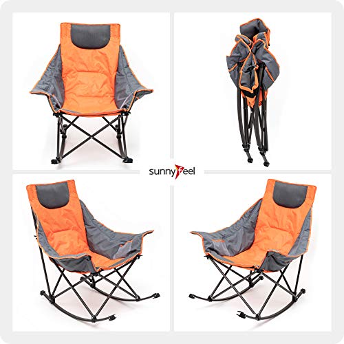 SUNNYFEEL Rocking Camping Chair, Luxury Padded Recliner, Oversized Folding Lawn Chair with Pocket, Heavy Duty for Outdoor/Picnic/Lounge/Patio, Portable Camp Rocker Chairs with Carry Bag (Orange)