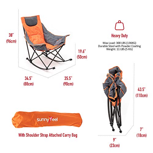 SUNNYFEEL Rocking Camping Chair, Luxury Padded Recliner, Oversized Folding Lawn Chair with Pocket, Heavy Duty for Outdoor/Picnic/Lounge/Patio, Portable Camp Rocker Chairs with Carry Bag (Orange)