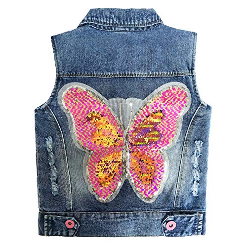 Peacolate Little Big Girl Distressed Sleeveless Jacket Embroidered Sequins Butterfly Denim Vest (Butterfly,8-9Years)