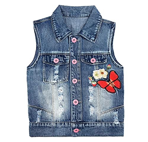 Peacolate Little Big Girl Distressed Sleeveless Jacket Embroidered Sequins Butterfly Denim Vest (Butterfly,8-9Years)