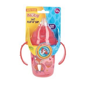 Nuby No Spill Flip N Sip 2 Handle Tritan 360 Weighted Straw Glitter Print - 8oz/ 240 Ml/ 12 M+, Colors Vary: Blue Space, Red Dinosaur, Pink Fox, Green Swan