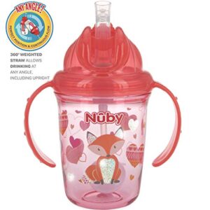 Nuby No Spill Flip N Sip 2 Handle Tritan 360 Weighted Straw Glitter Print - 8oz/ 240 Ml/ 12 M+, Colors Vary: Blue Space, Red Dinosaur, Pink Fox, Green Swan