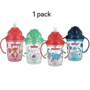 Nuby No Spill Flip N Sip 2 Handle Tritan 360 Weighted Straw Glitter Print - 8oz/ 240 Ml/ 12 M+, Colors Vary: Blue Space, Red Dinosaur, Pink Fox, Green Swan