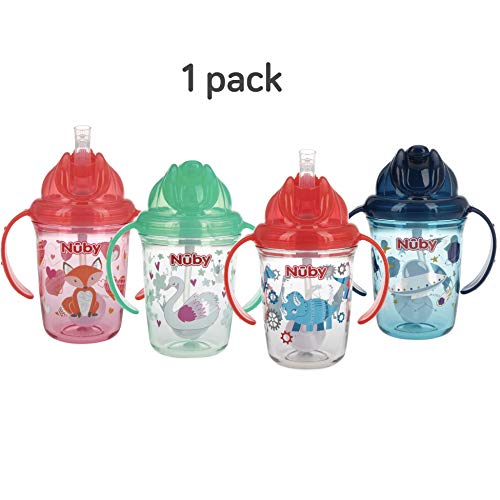 Nuby No Spill Flip N Sip 2 Handle Tritan 360 Weighted Straw Glitter Print - 8oz/ 240 Ml/ 12 M+, Colors Vary: Blue Space, Red Dinosaur, Pink Fox, Green Swan