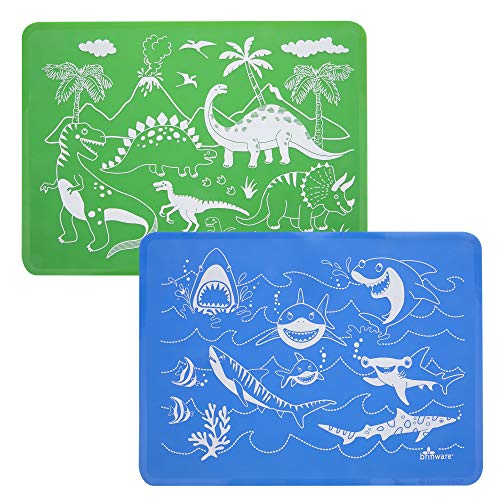 Brinware Reusable Slip Resistant Toddler Silicone Placemat for Kids - Dinosaur & Shark Green/Blue (2 Pack)